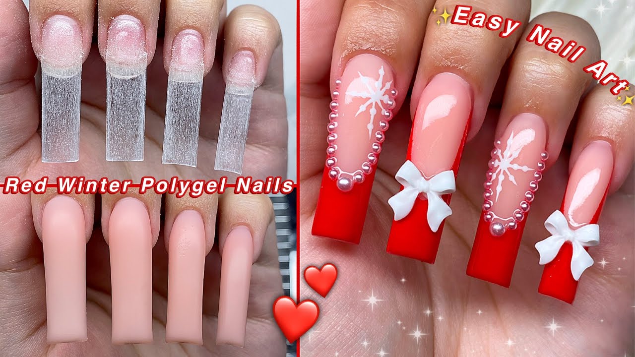 RED WINTER POLYGEL NAILS ️ POLYGEL APPLICATION & EASY NAIL ART! | Nail ...