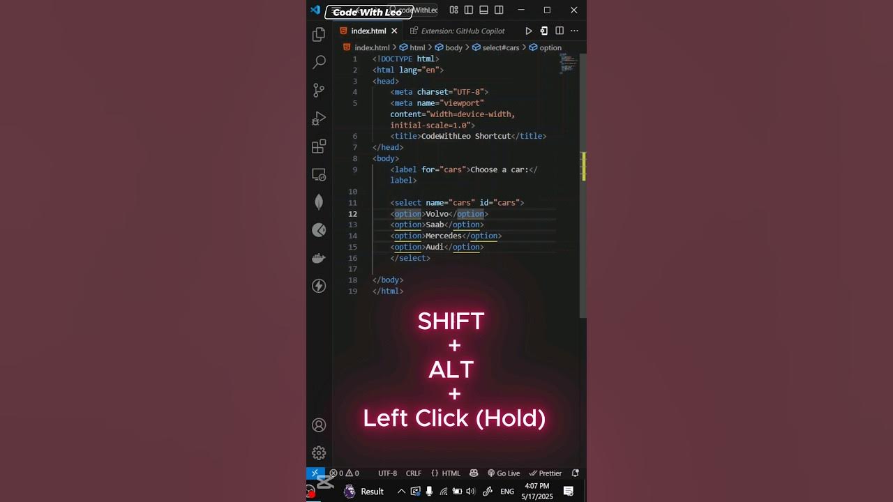 VSCode Shortcut #4 Multi-Cursor Trick #shorts - YouTube