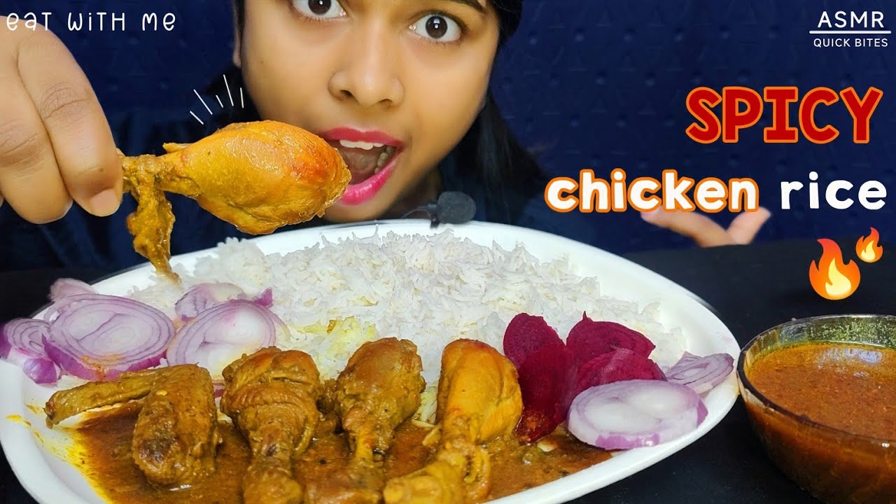 ASMR EATING SPICY CHICKEN LEG CURRY, BASMATI RICE, SALAD | INDIAN FOOD ...