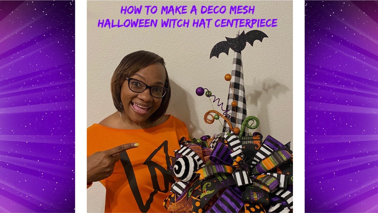 How to make a deco mesh Halloween Witch Hat Centerpiece - YouTube