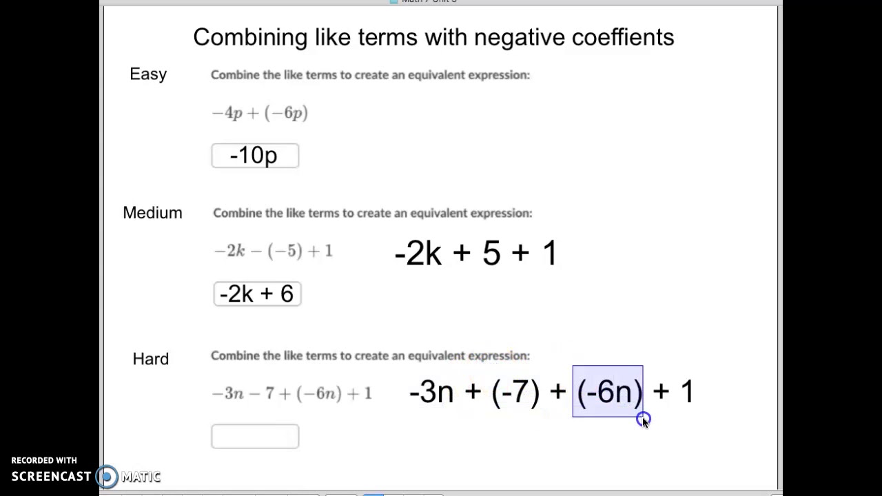 Combining like terms with negative coeffients - YouTube