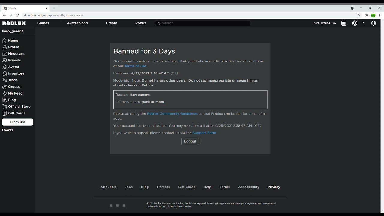 Roblox Ban For 3 Days - YouTube