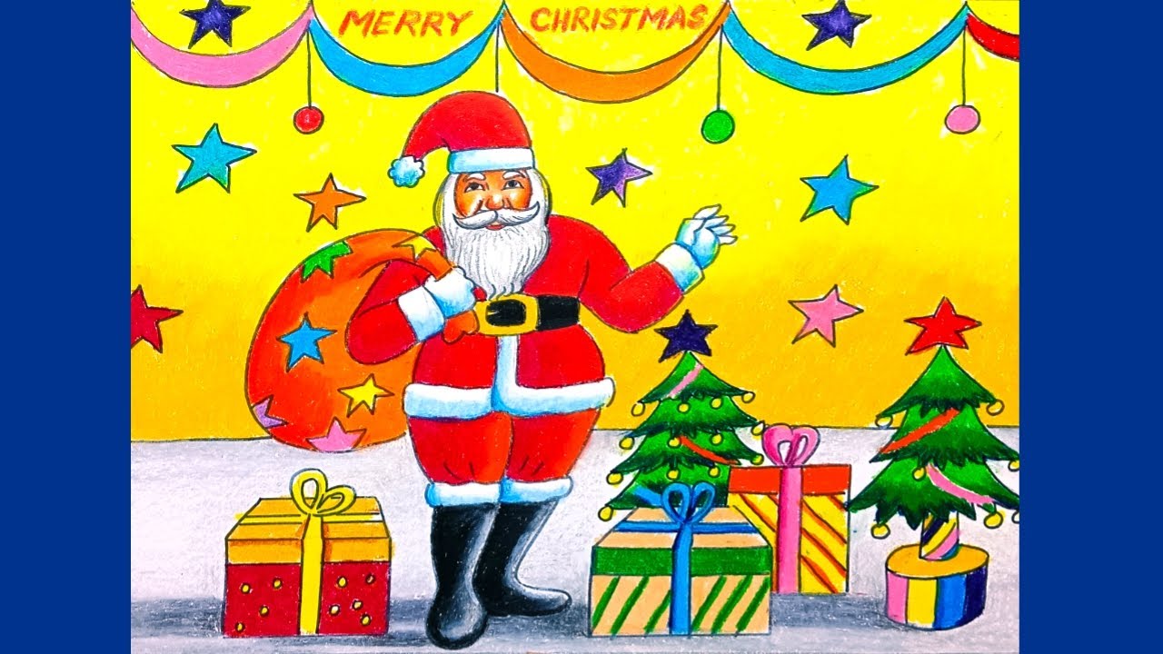 Christmas scenery drawing step by step/Santa claus drawing/Merry ...