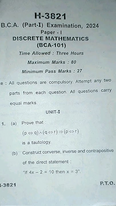 🤠 BCA-1 Discrete mathematics || Question paper 2024 || #shorts #parsu #discrete mathematics # ...