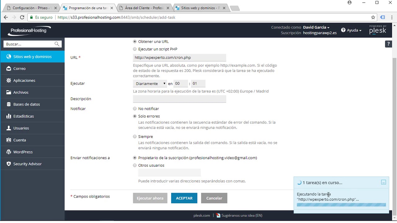 Tareas programadas o crontabs en Plesk Onyx - YouTube