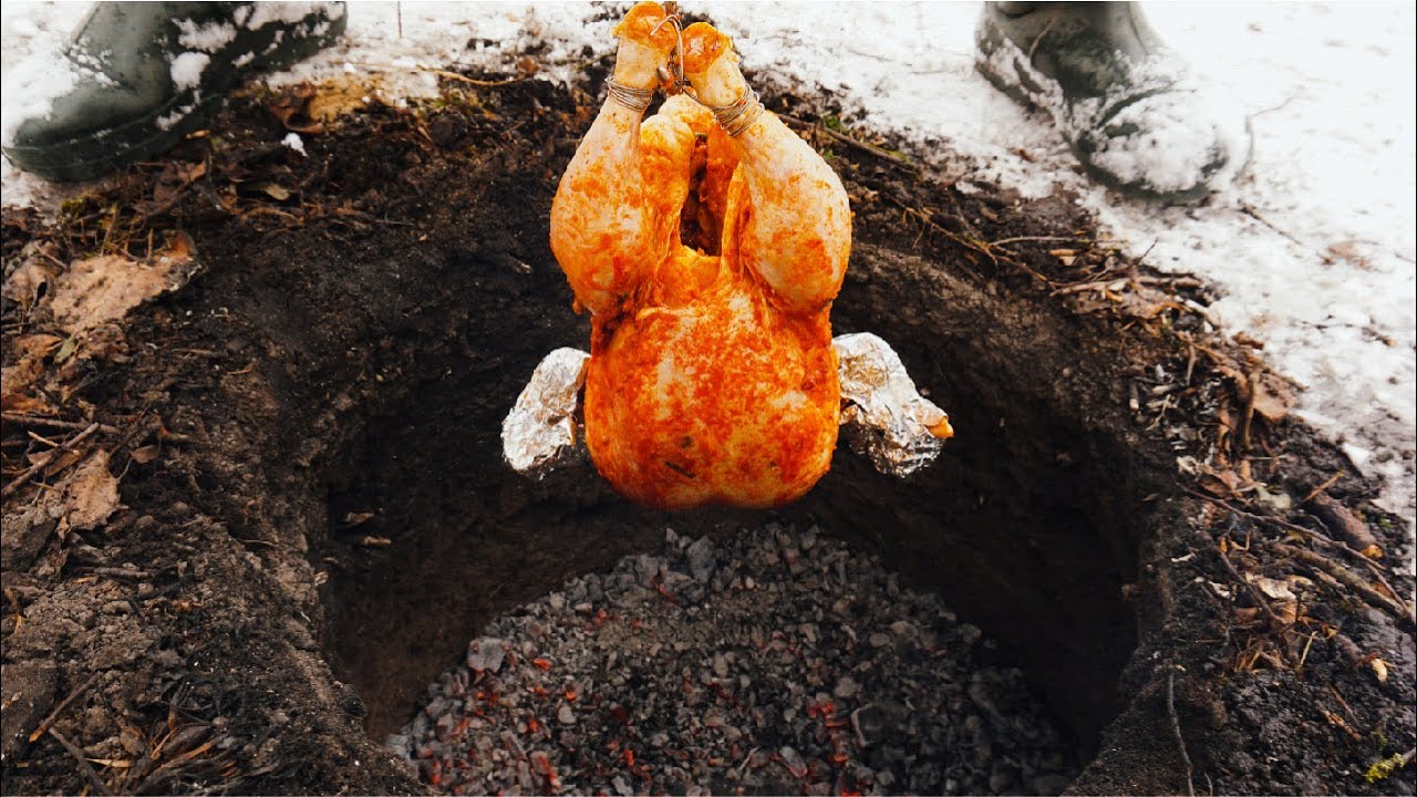 Whole CHICKEN in HOLE - Primitive cooking - YouTube