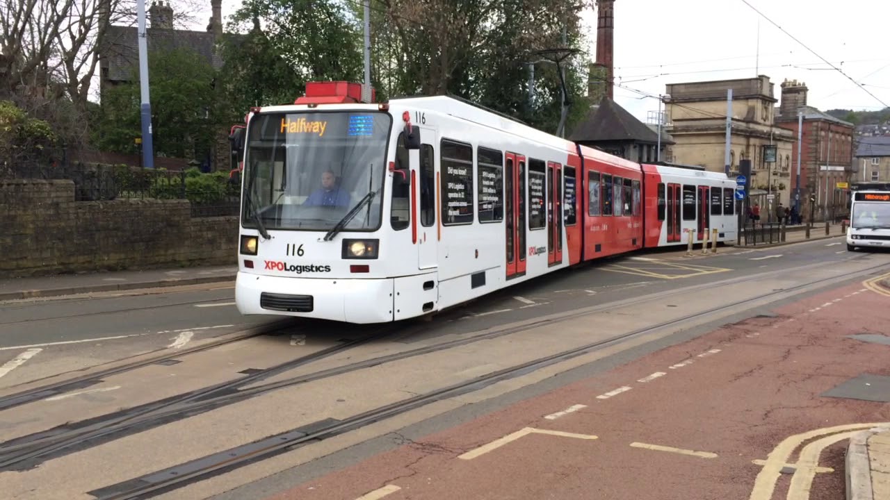 Sheffield Supertram 116 departs Hillsborough with a Blue Route Service ...