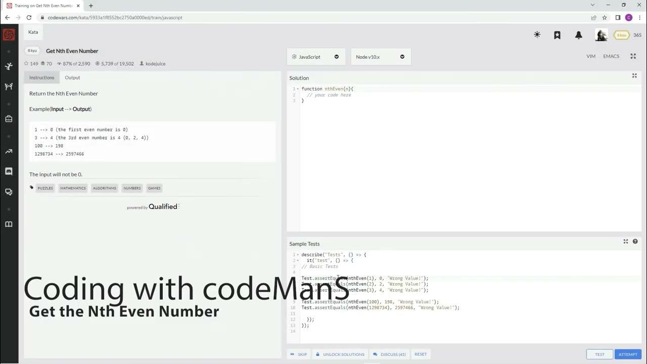 Codewars 8 kyu Get Nth Even Number JavaScript - YouTube