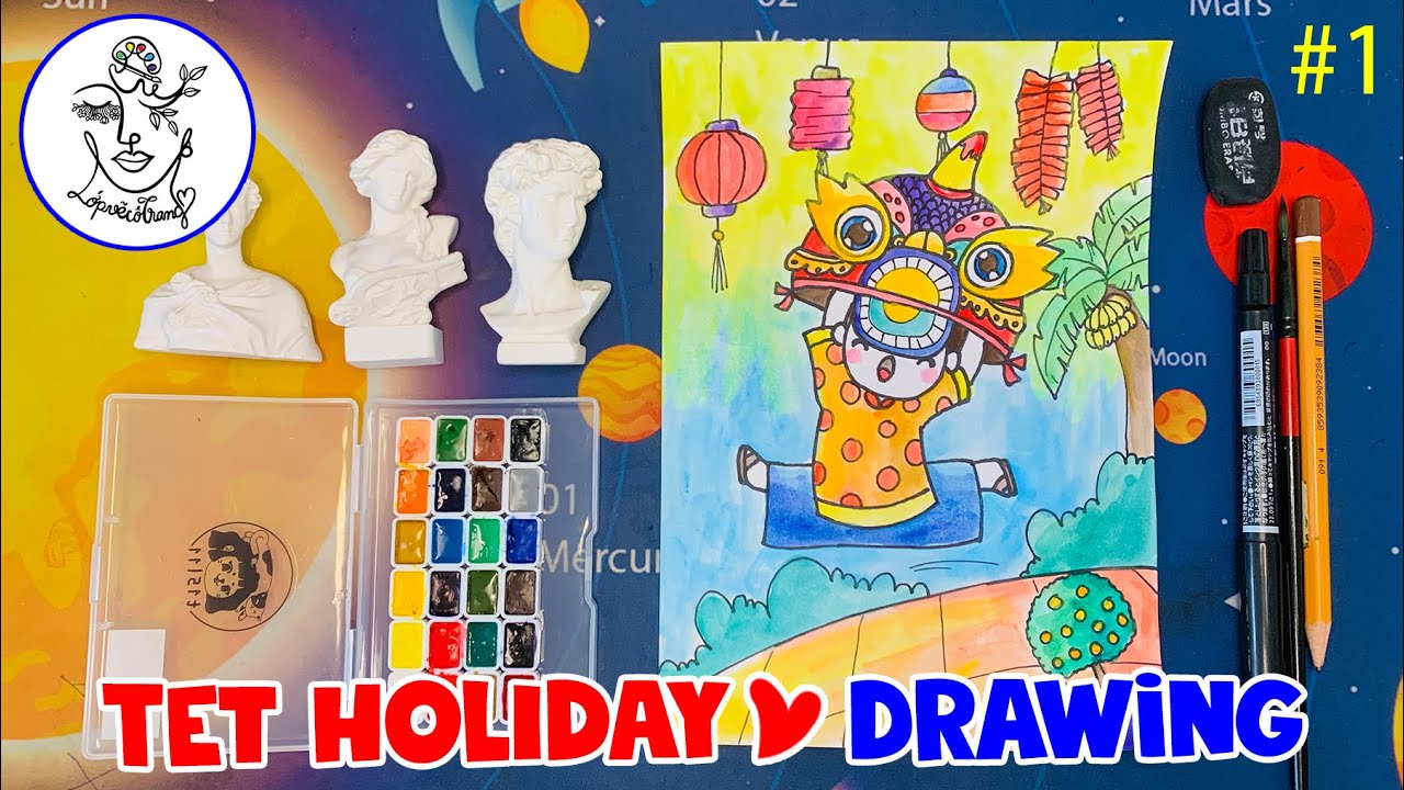 How to draw Tet Holiday picture step by step | Vẽ tranh ngày Tết | New ...