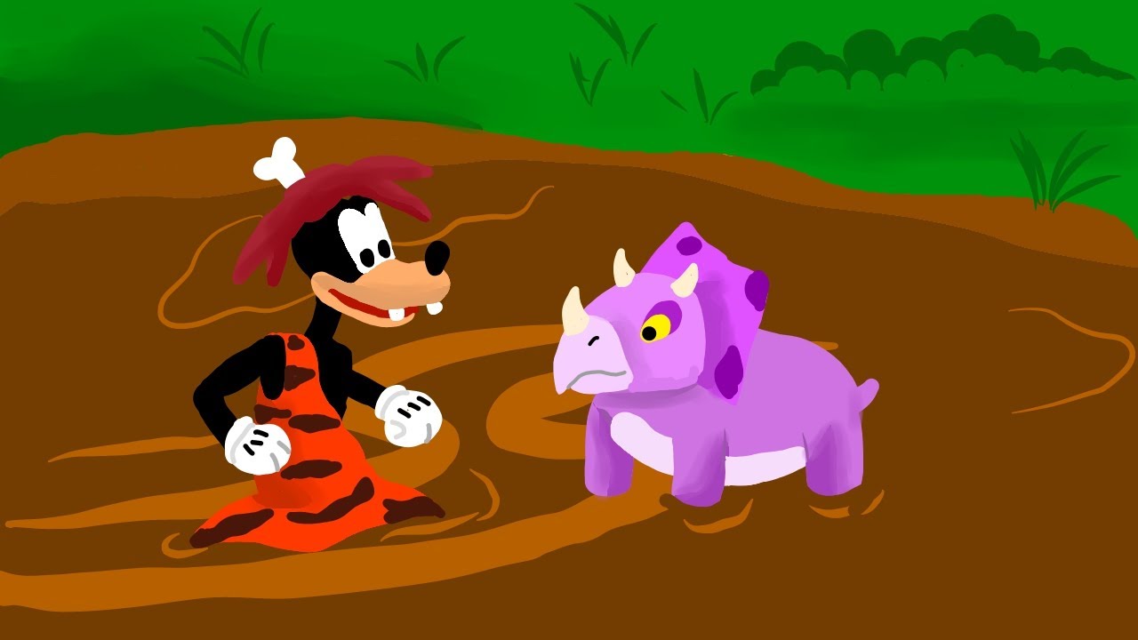 Mickey Mouse Goofy Soaking in The Mud With Dinosaur Triceratops ...