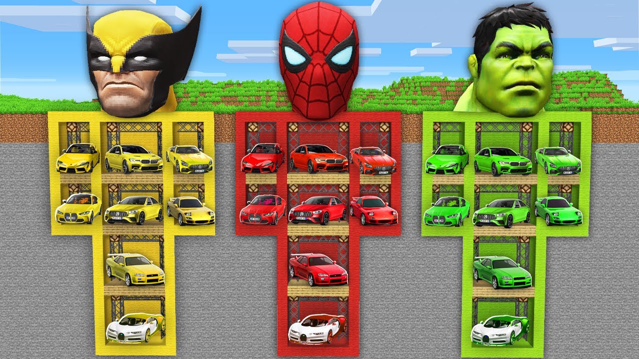 SECRET SUPERHERO BASE WITH CARS in Minecraft ! SPIDER-MAN VS WOLVERINE ...
