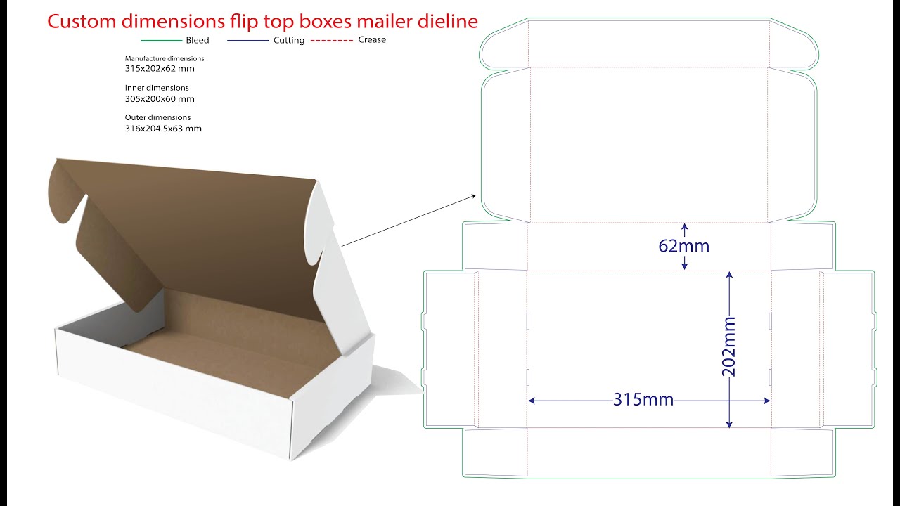 Custom dimensions flip top boxes mailer dieline - YouTube