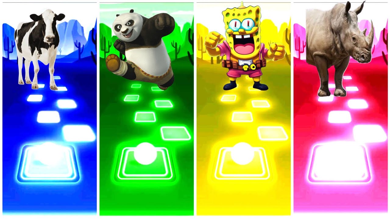 FUNNY COW 🆚 KUNG FU PANDA 🆚 SPONGEBOB 🆚 FUNNY RHINOS TILES HOP EDM RUSH ...