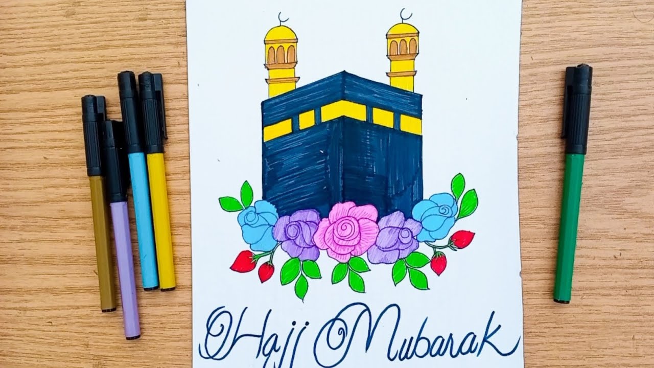Hajj Mubarak drawing|step by step easy Hajj Mubarak drawing tutorial ...