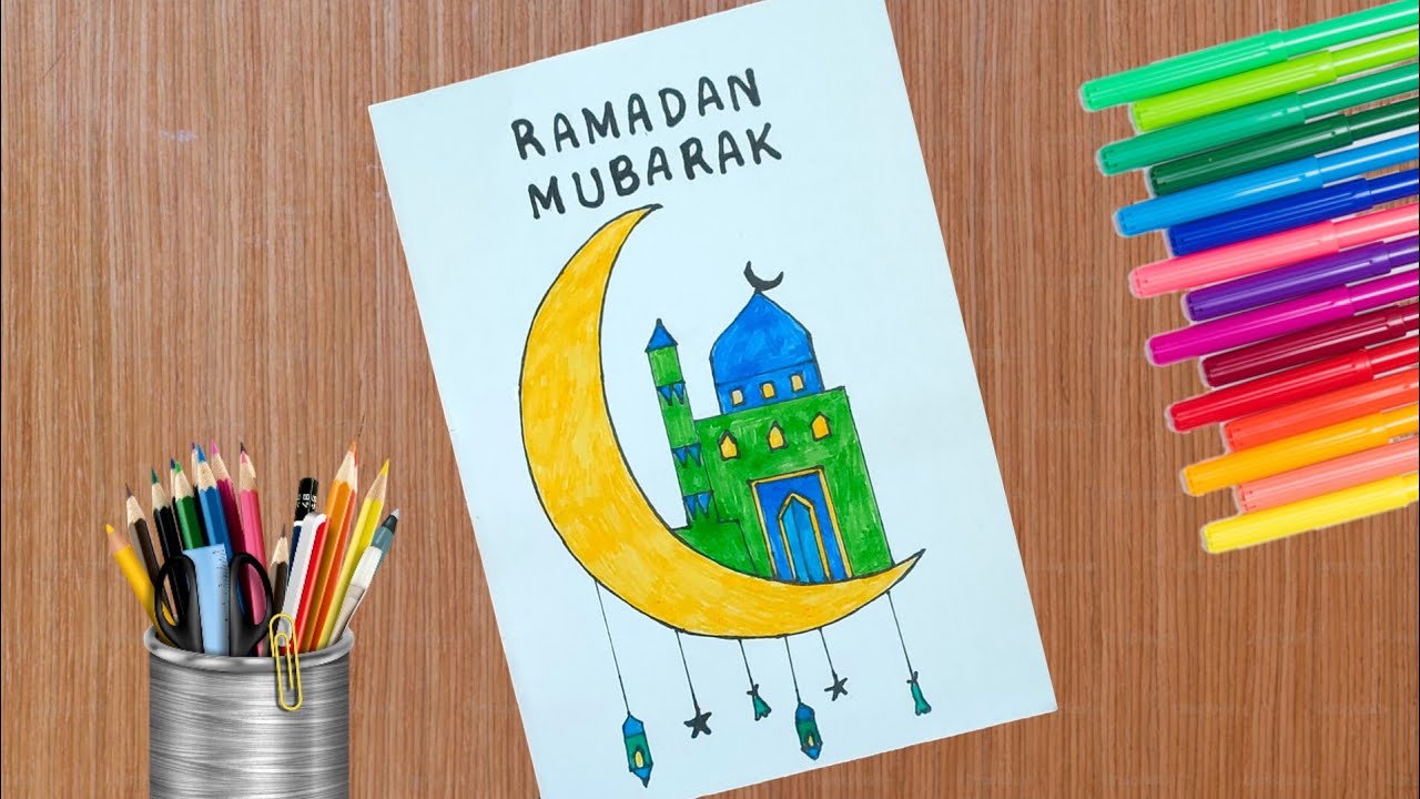 Easy Ramadan Mubarak Drawing || Beautiful Mosque Drawing || How to draw ...