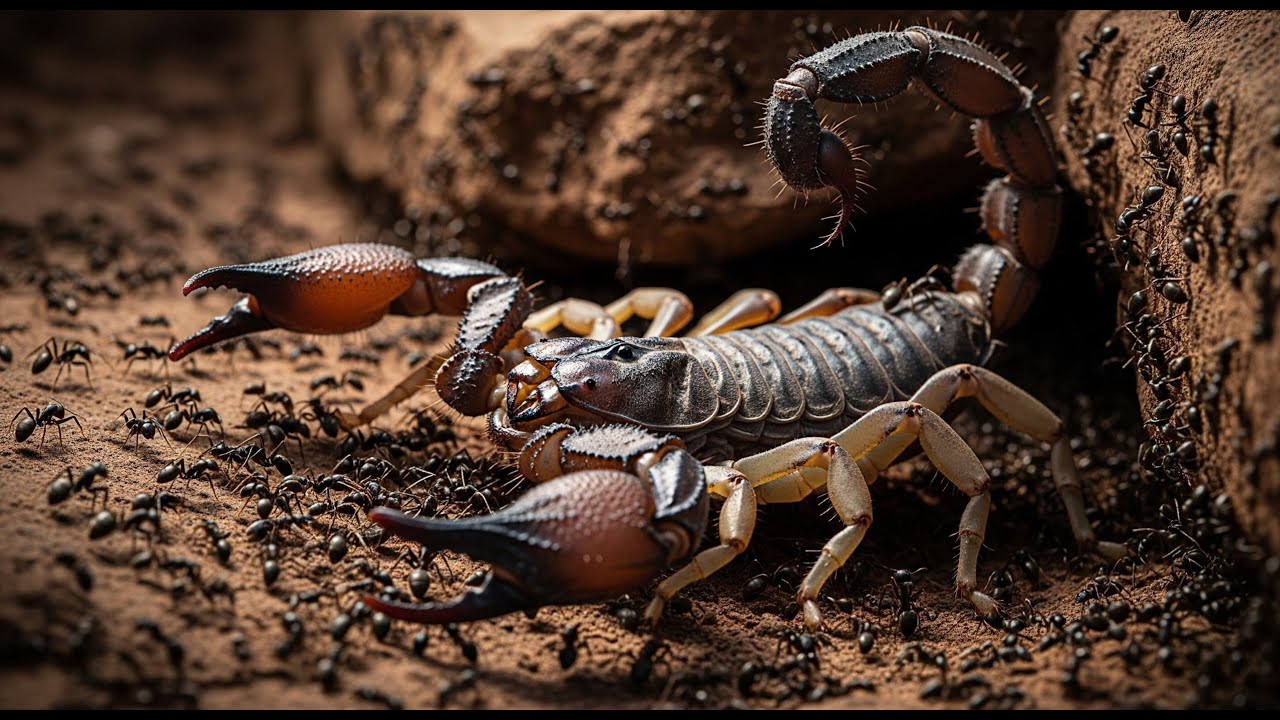 Scorpion Emerges from Its Lair to Battle Swarming Ants - YouTube