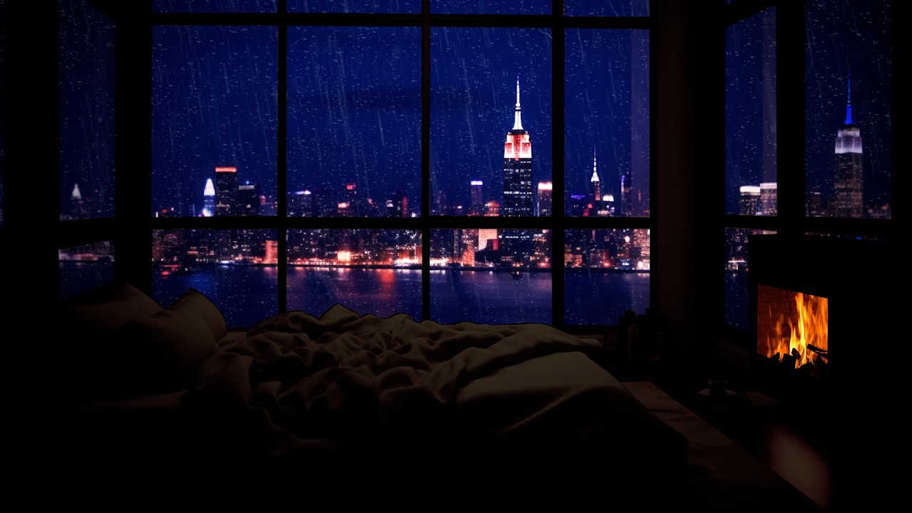 Night Rain On Window | Warm Flickering Fire in Rain Helps Relax, Sleep ...