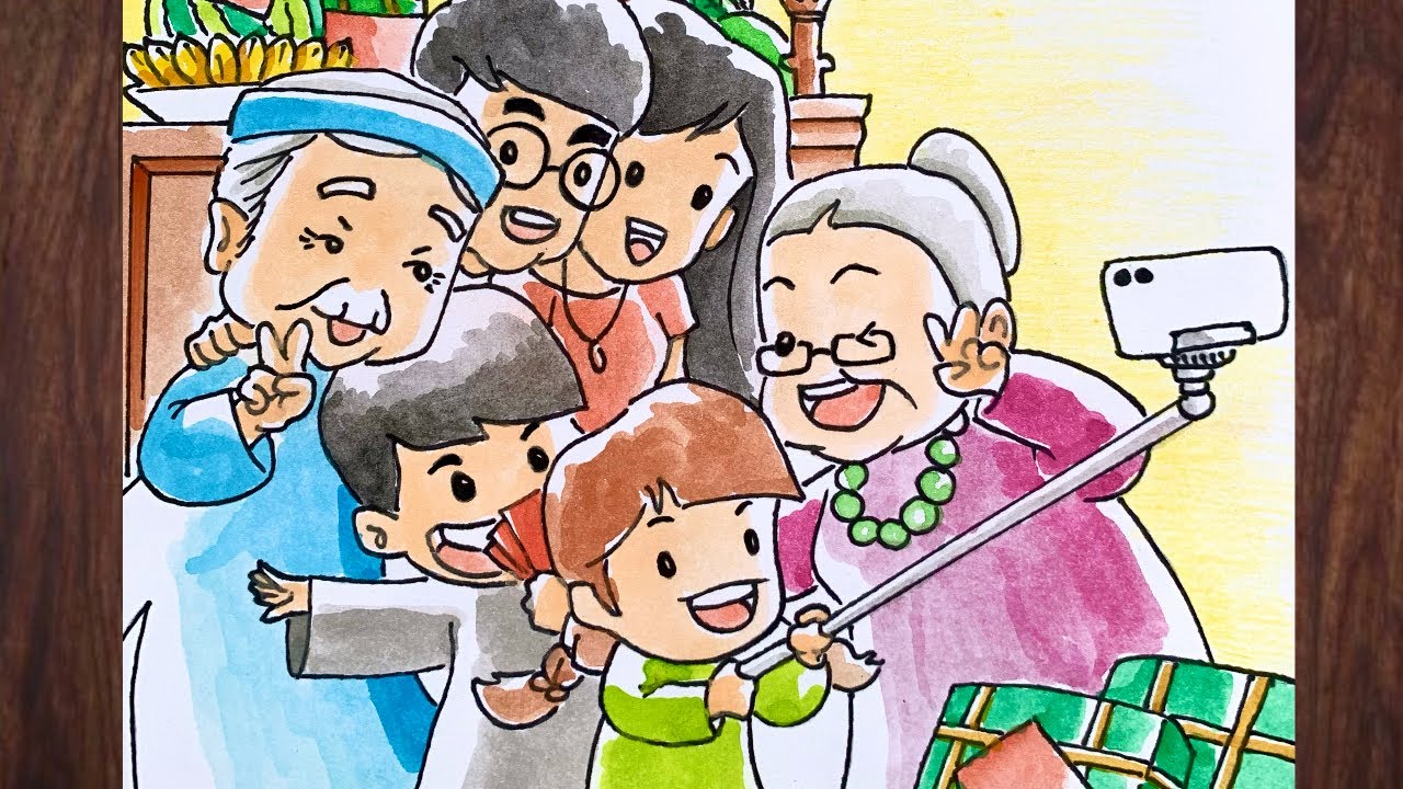 Vẽ Tranh Cảnh TẾT SUM HỌP - " GIA ĐÌNH XÌ TEEN " | how to draw TET ...