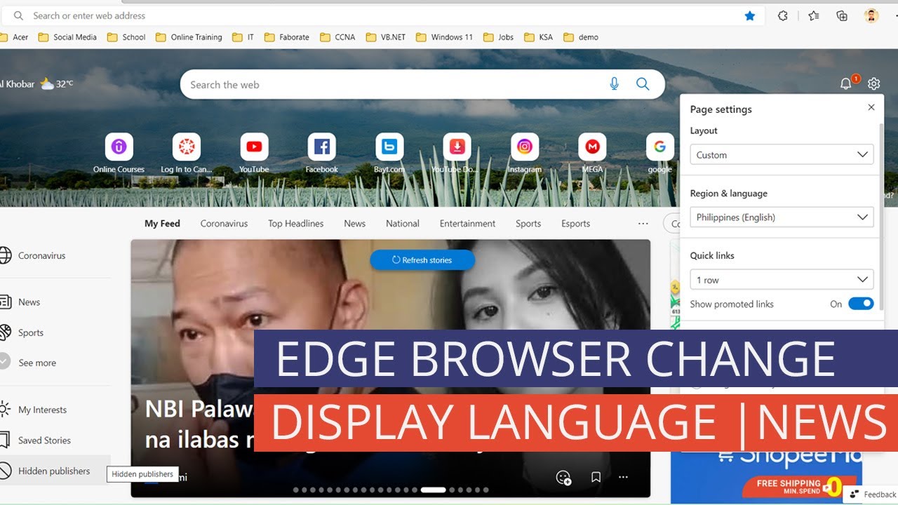 Edge Browser change display language and News Tagalog Tutorial - YouTube