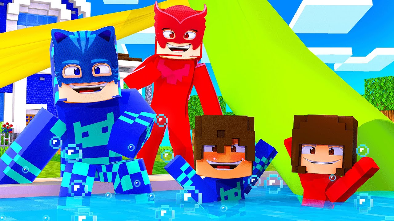 OS PJ MASKS FORAM PARA O PARQUE AQUATICO NO MINECRAFT - YouTube