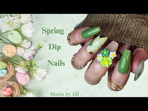 Spring dip powder nails/water decal/marble dip/flower charms - YouTube