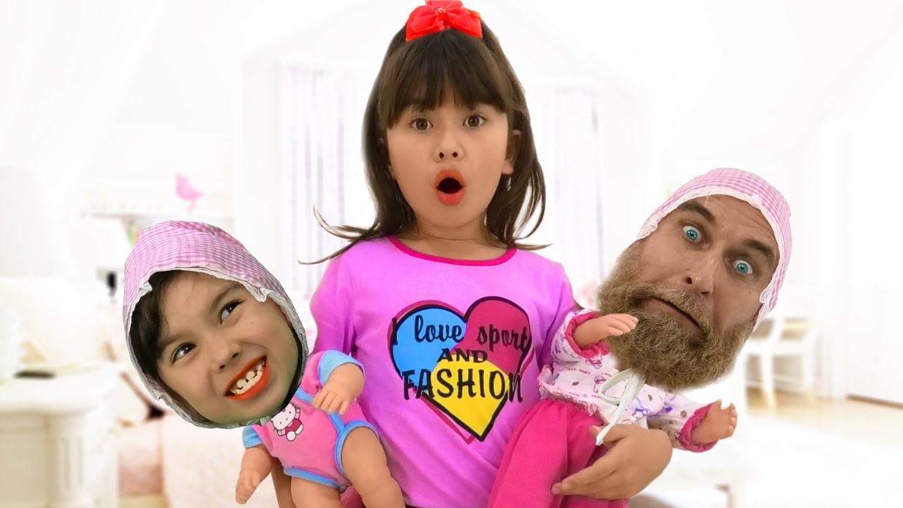 Angela and Eva found the boy doll and pretend to be his parent - YouTube