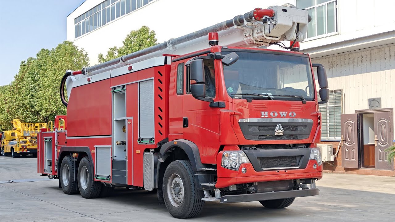 Howo heavy-duty 32m high lift fire fighting truck - YouTube
