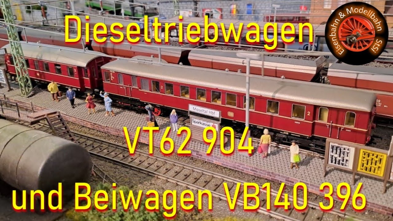 Dieseltriebwagen VT62 904 mit Beiwagen VB140 396 auf der Modellbahn - YouTube