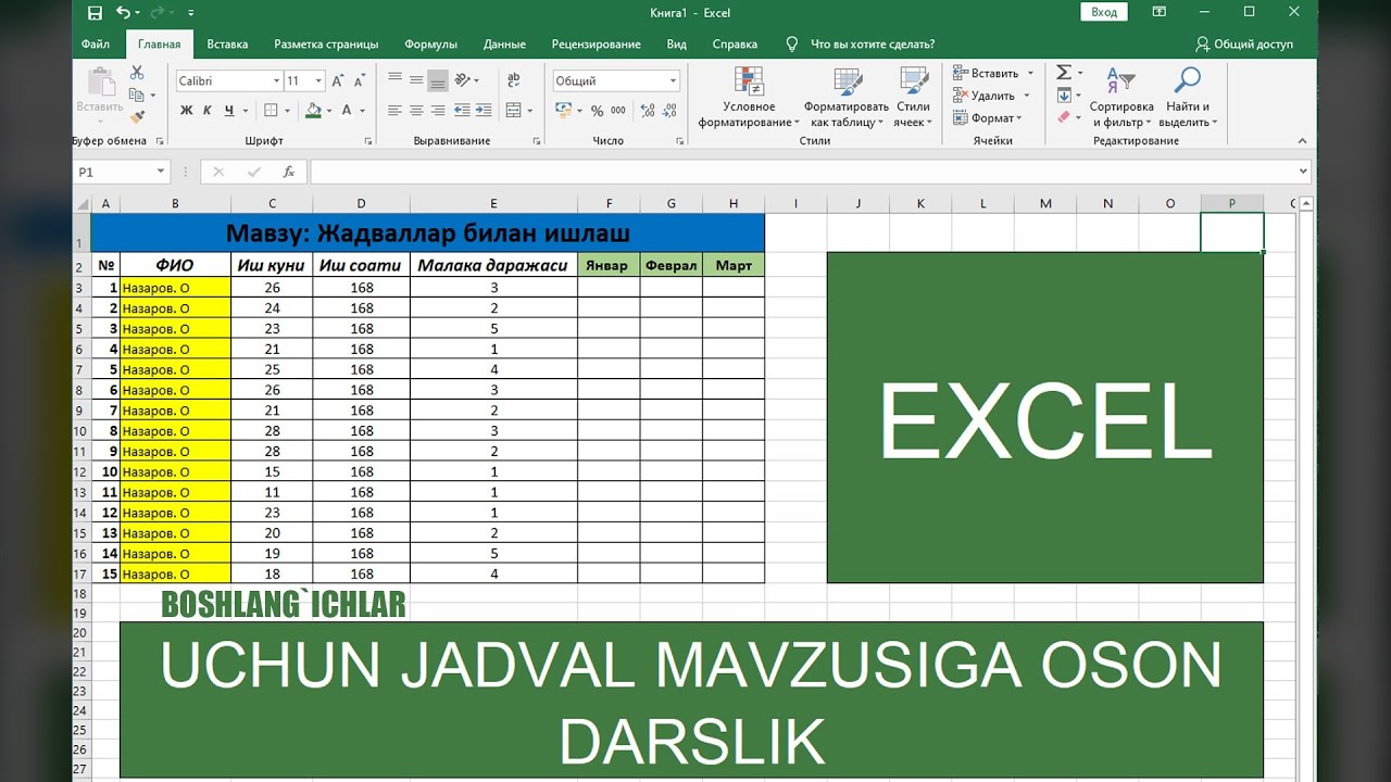 1DARS Excel dasturi - JADVALLAR BILAN ISHLASH, Katakchalarni o'lchamini ...