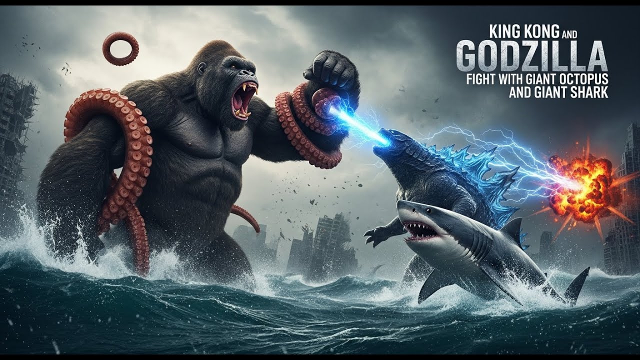 King kong and godzilla fight with giant octopus and giant shark ...