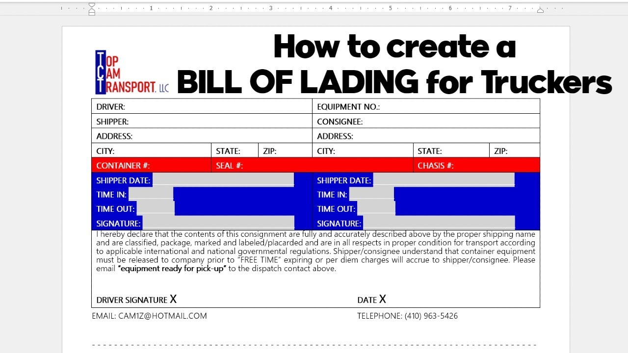 BILL OF LADING (BOL) FOR TRUCKERS TUTORIAL in Microsoft Word DETAILED ...