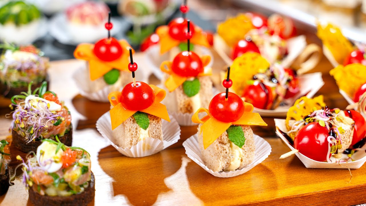 Tasty and Healthy Christmas Canapes with a bow. Smoked salmon and tofu ...