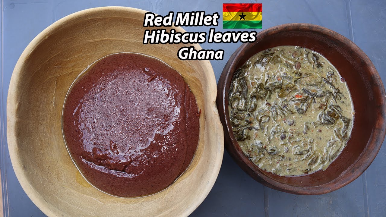African cooking Local Food in Ghana Red Millet TUO with Hibiscus Leaves ...