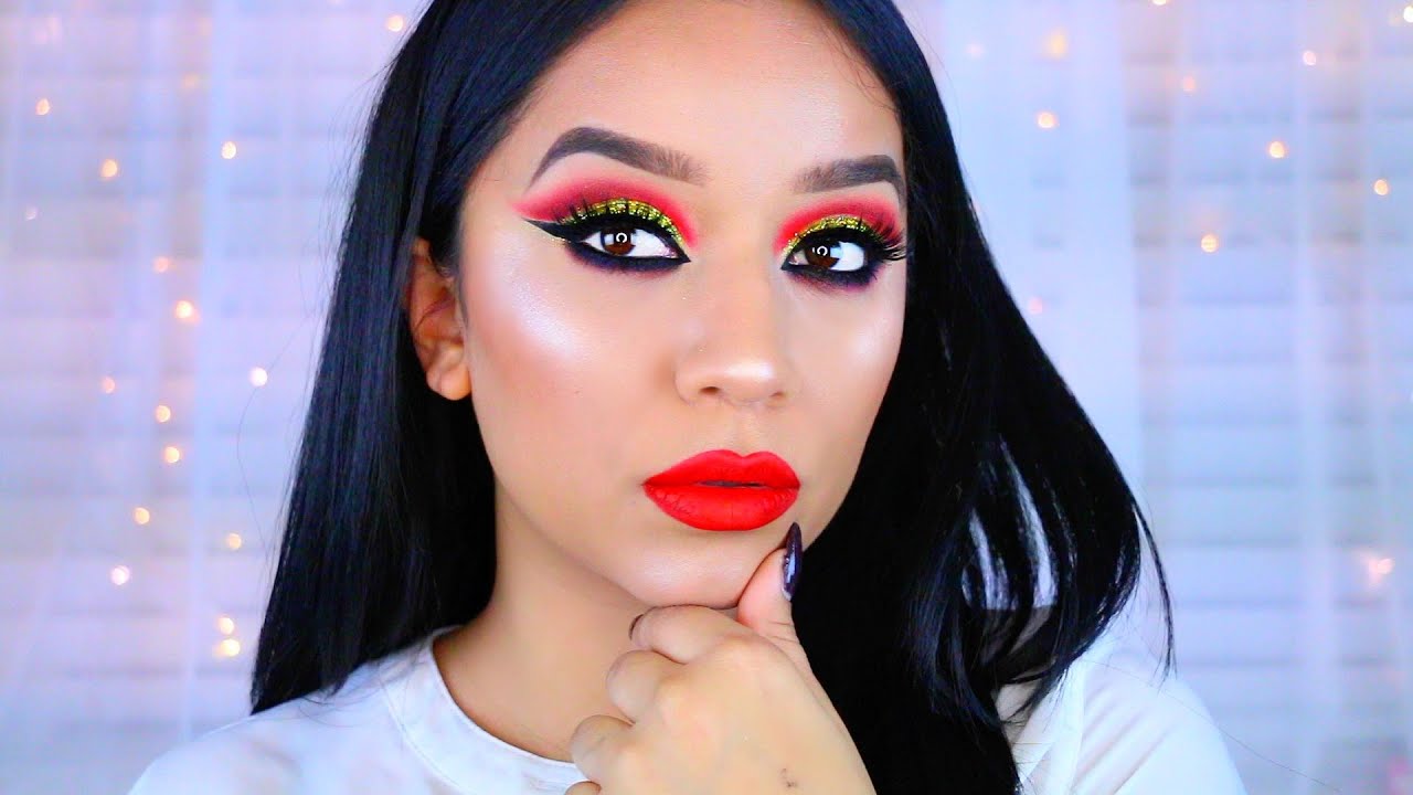 Glamorous Christmas Inspired Makeup | Red & Gold Glitter - YouTube