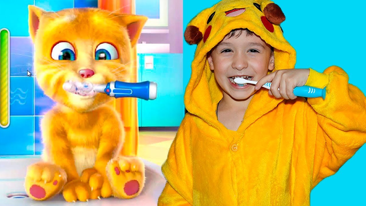 Funny Baby play with Talking Ginger, Eating and Playing / Songs for ...