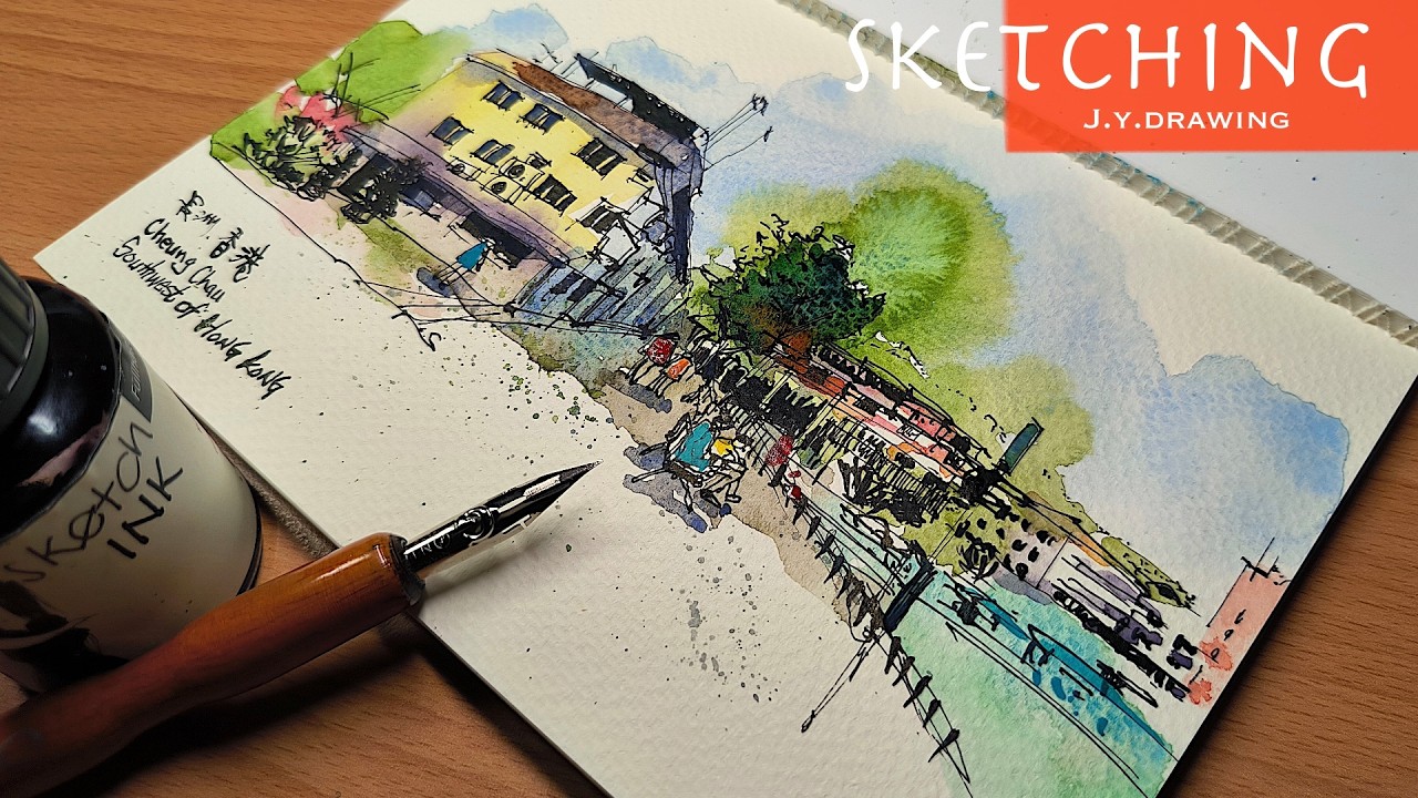 Drawing Street Scene Easy with a Dip Pen and Watercolor Techniques ...