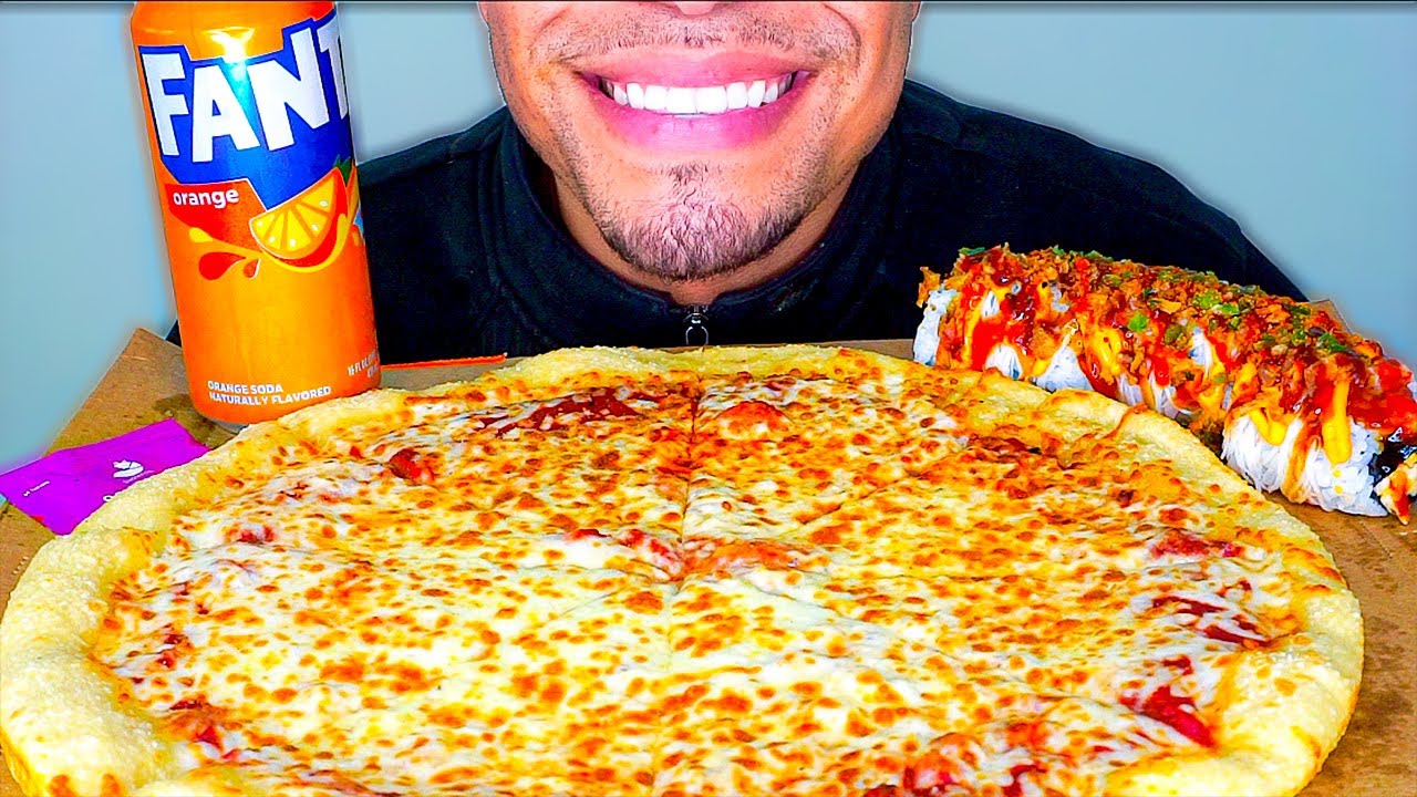 ASMR LITTLE CAESARS CHEESE PIZZA WITH SUSHI *BIG BITES* EATING SHOW ...