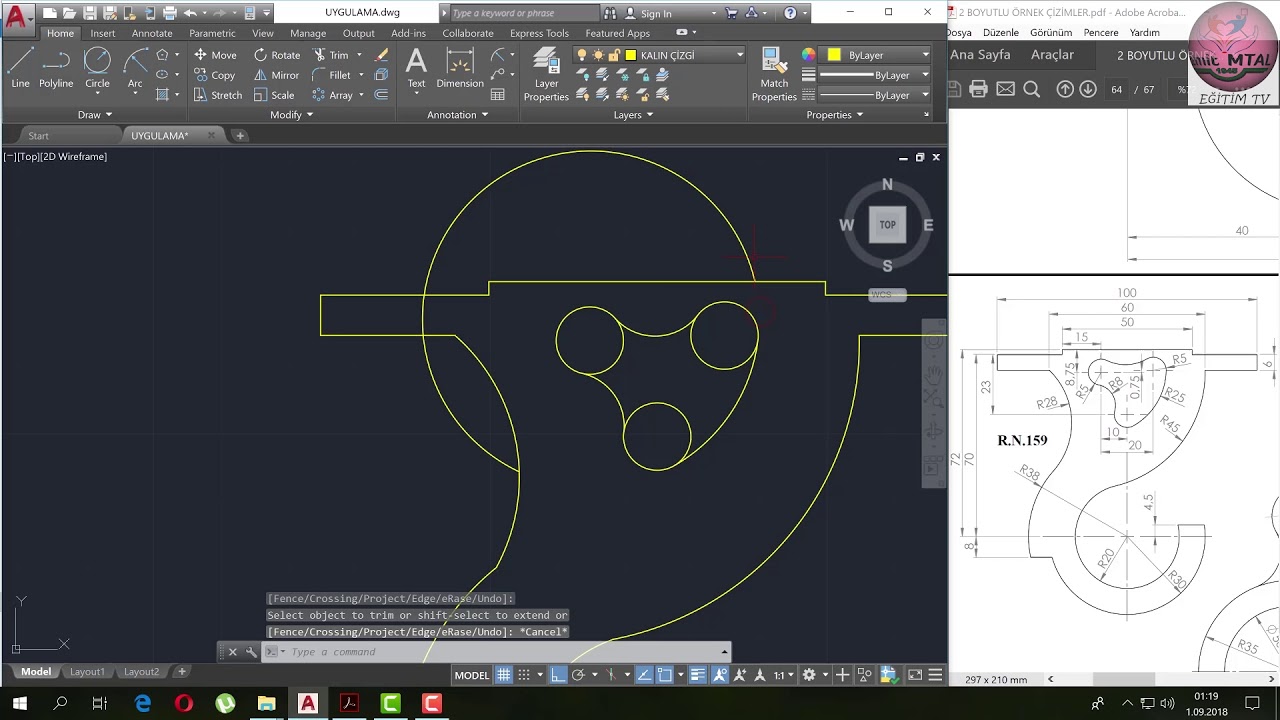 AUTOCAD 2 BOYUTLU ÖRNEK ÇİZİMLER R.N.159 - YouTube