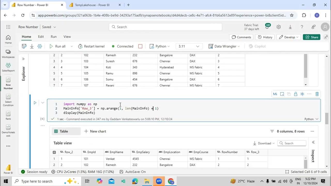 How to Generate Row Number in Python Notebook using Microsoft Fabric in Telugu - YouTube