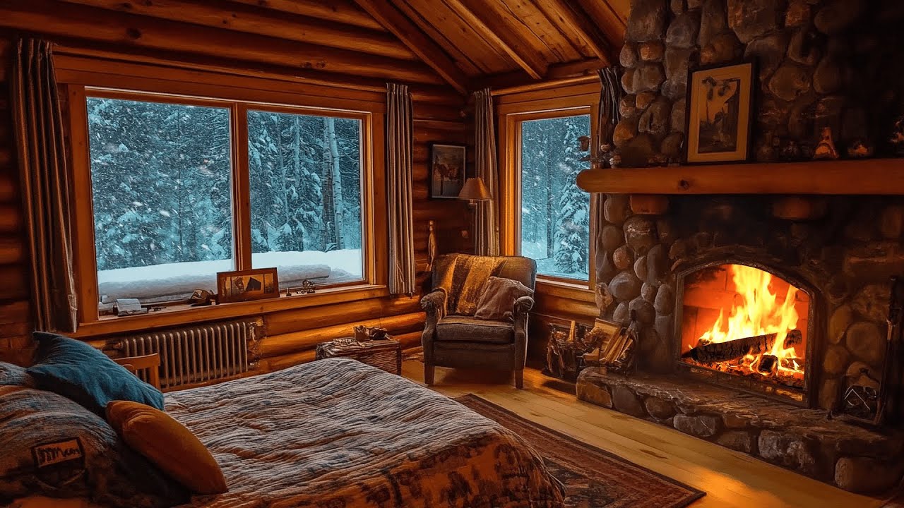 Warm Cabin in a Cold Snowstorm | Cozy Fireplace Ambiance Amidst a ...