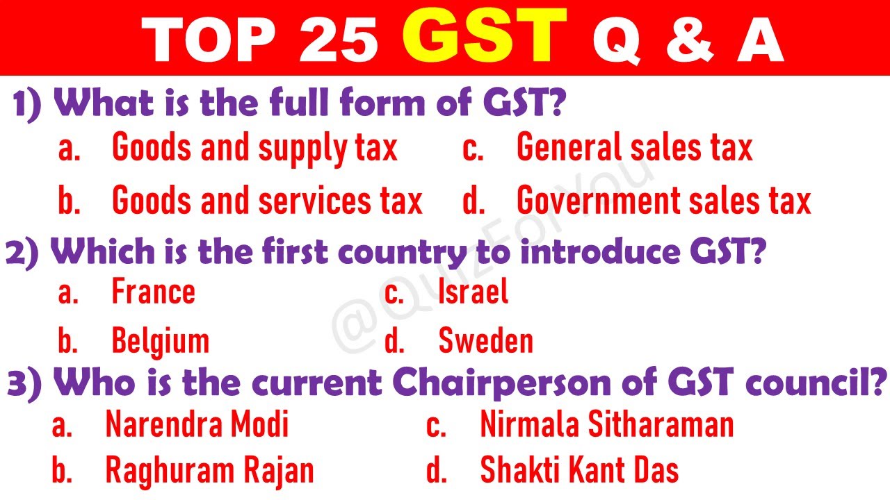 GST Important Questions & Answers| GST Mcqs | GST Questions for exams ...
