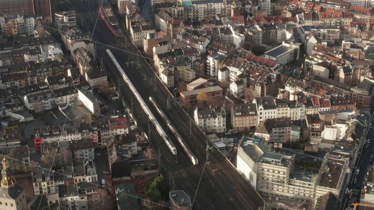 AERIAL: European Railway System in Cologne Germany with two Trains ...