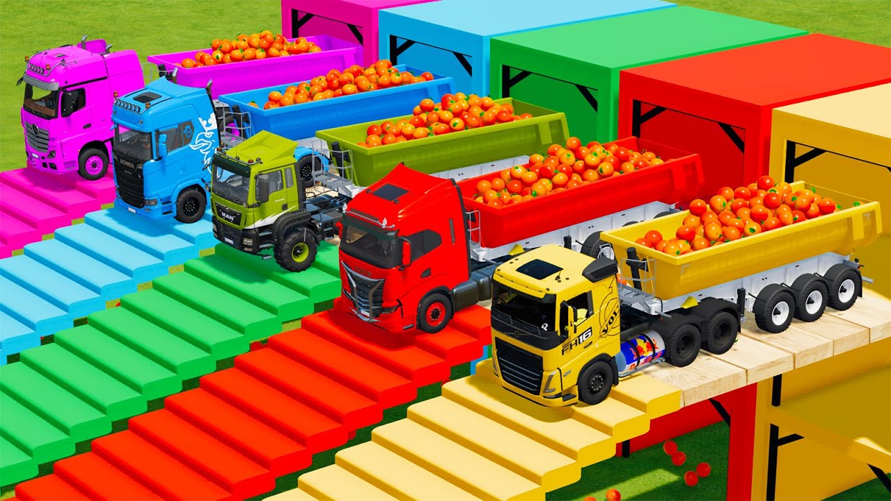 VOLVO vs IVECO vs MAN vs SCANIA TRUCKS BATTLE WITH ORANGES - Farming ...