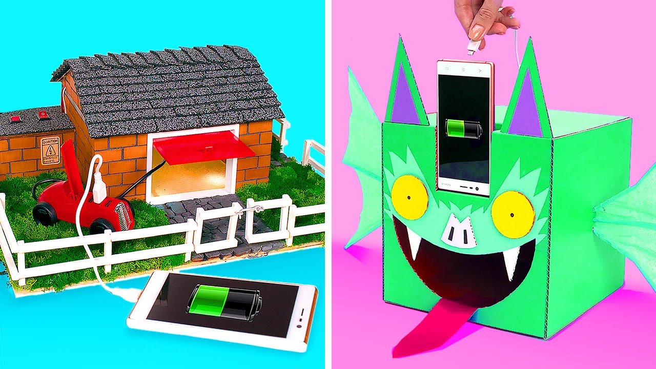 DIY Phone Chargers || How To Make Cardboard And Mini Bricks With Phone ...