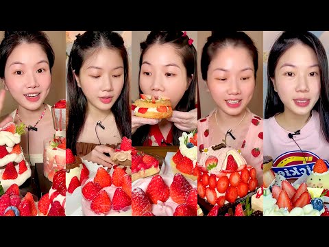 Eating Strawberry Cake & Cream Desserts ASMR Mukbang | Soft Sweet Eating Sounds