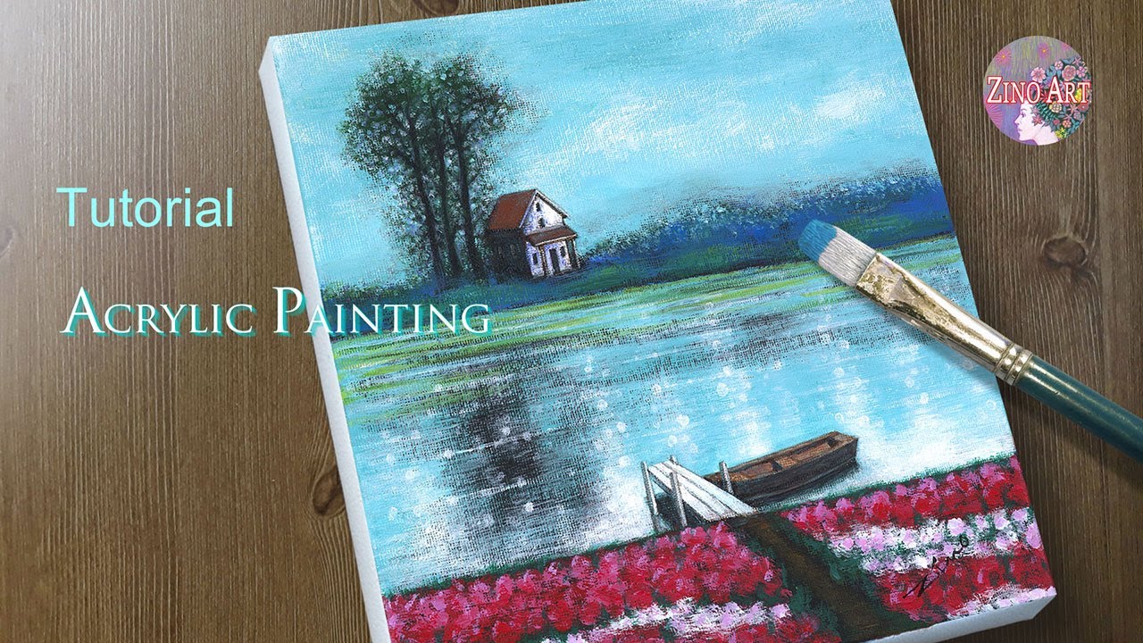 Lake Landscape / Acrylic Painting Tutorial / Flower garden / 호숫가풍경그림 ...