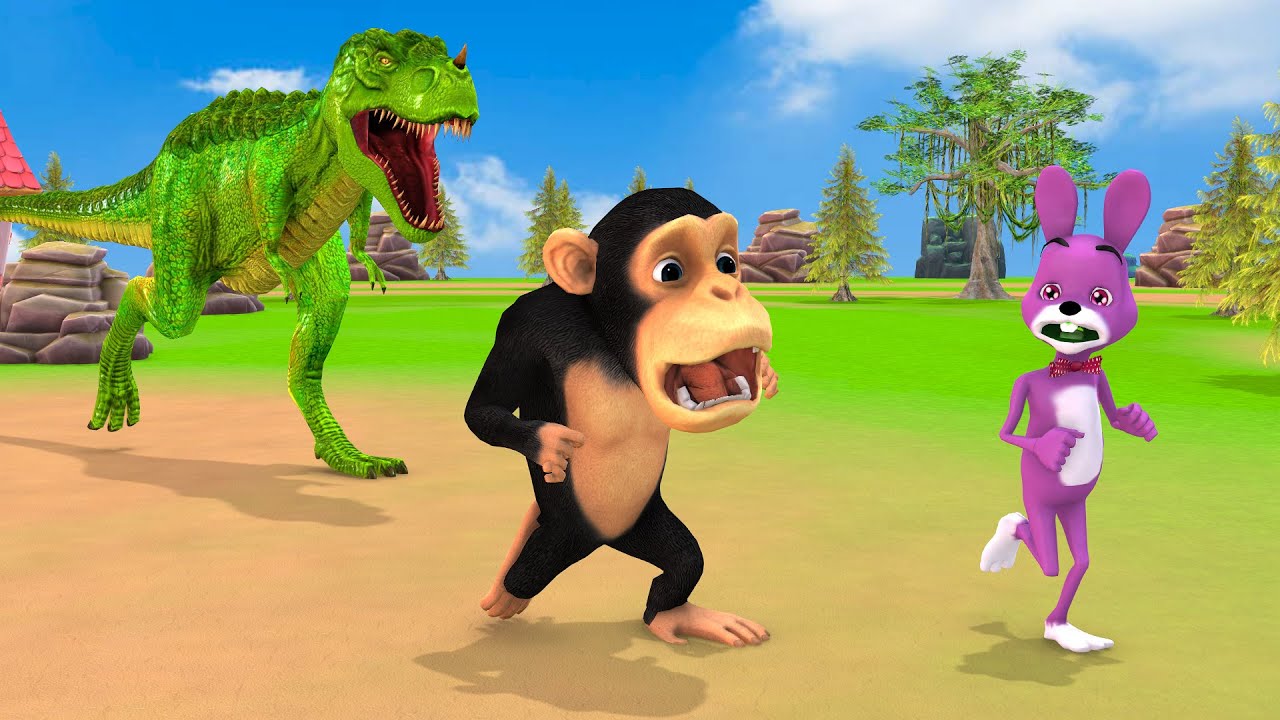 Funny Monkey Run away from Dinosaur | Rabbit and Monkey Play Hide And ...