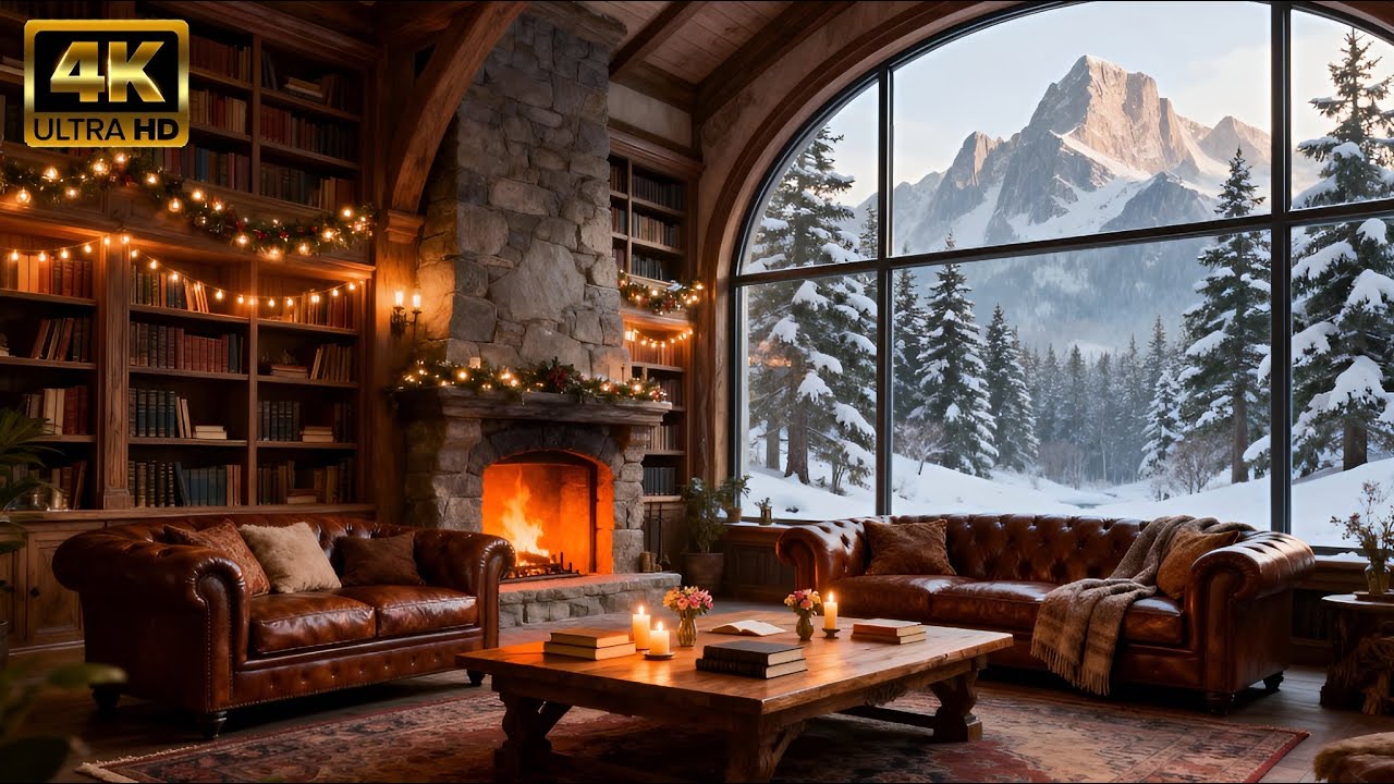 Cozy Winter Jazz in a Lakeside Library ️ Relaxing Reading Ambience with ...