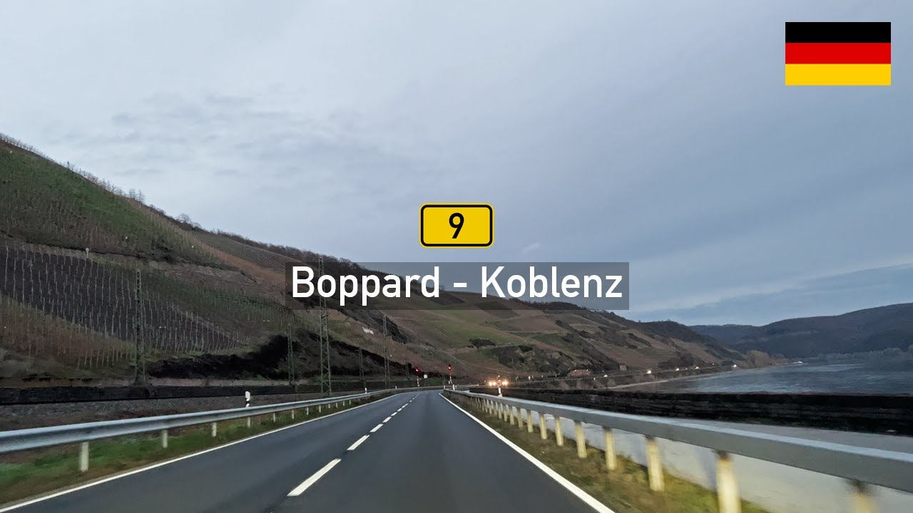 Driving in Germany: Bundesstraße B9 from Boppard am Rhein to Koblenz ...