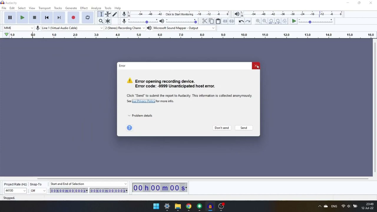 Audacity VAC Error Opening Recording Device code 9999 In Windows
